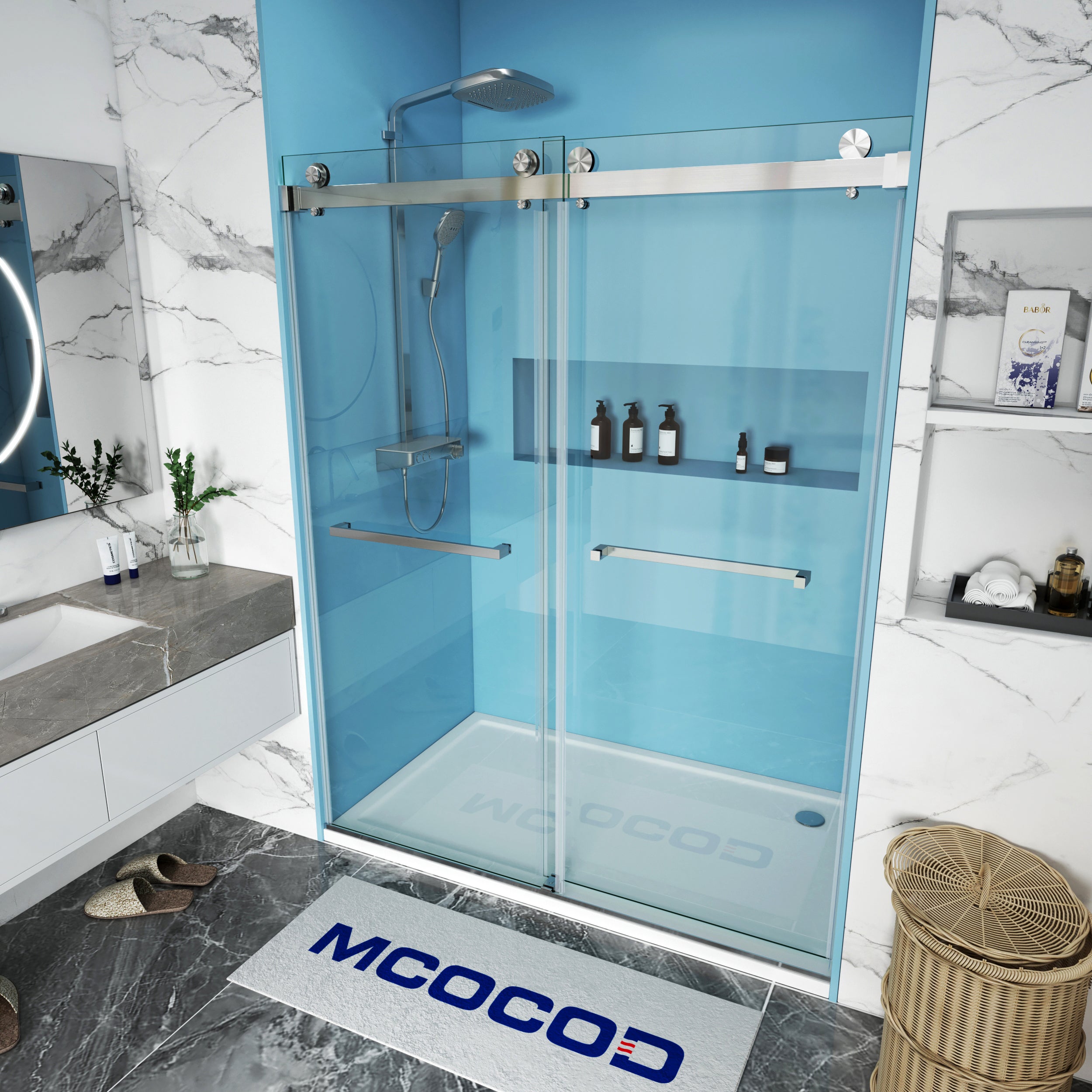 MCOCOD® Double Sliding Frameless Shower Door with Two Towel Bars - DS01